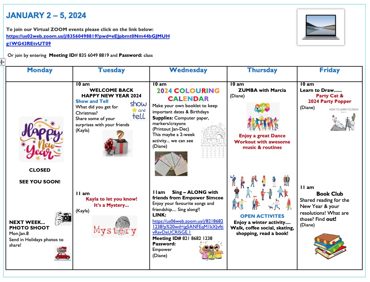 Program Calendar | Community Living Association for South Simcoe